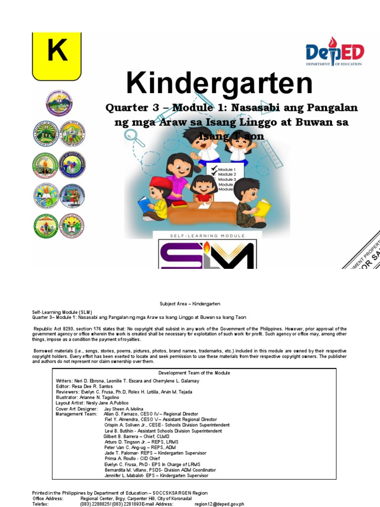 K Kindergarten: Quarter 3 - Module 1: Nasasabi Ang Pangalan NG Mga Araw Sa Isang Linggo at Buwan ...
