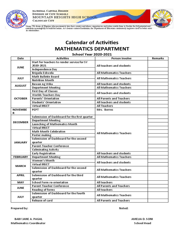 Calendar of Activities 2020 2021 | PDF