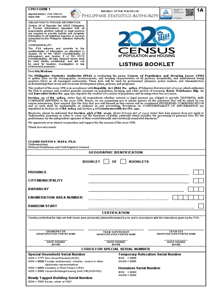CPH FORM 1 - Listing Sheet (For Training) | PDF | Census | Government