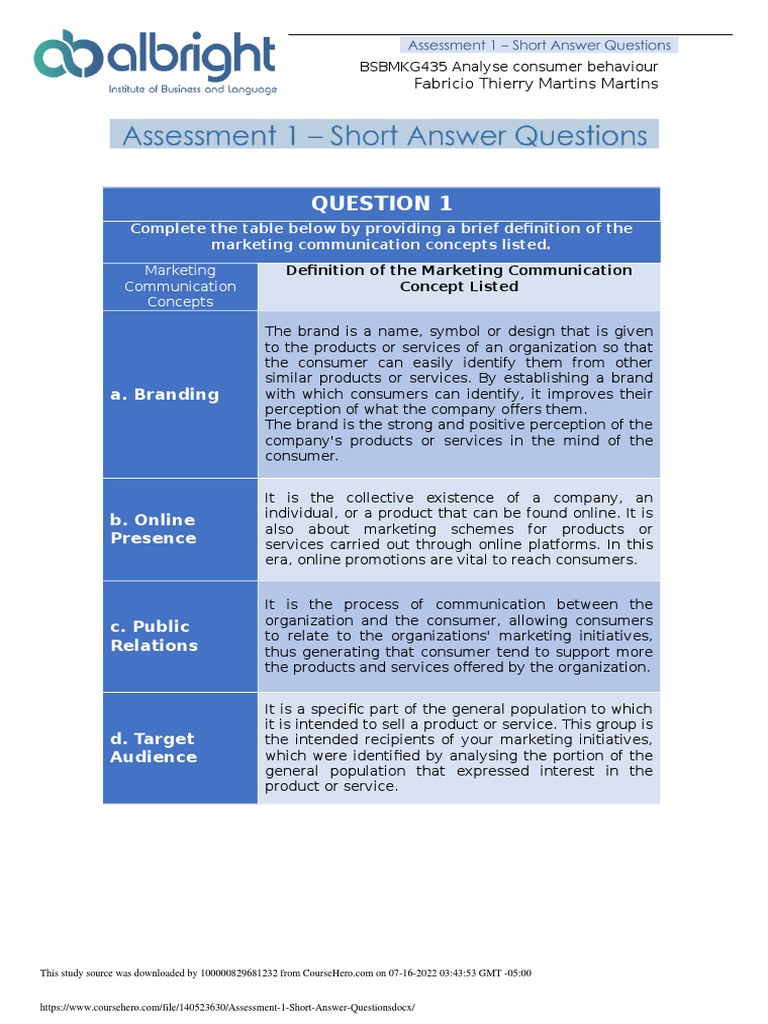 Assessment 1 Short Answer Questions | PDF | Marketing | Consumer Behaviour