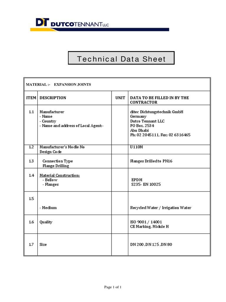 Technical Data Sheet: Item Description Unit Data To Be Filled in by The ...