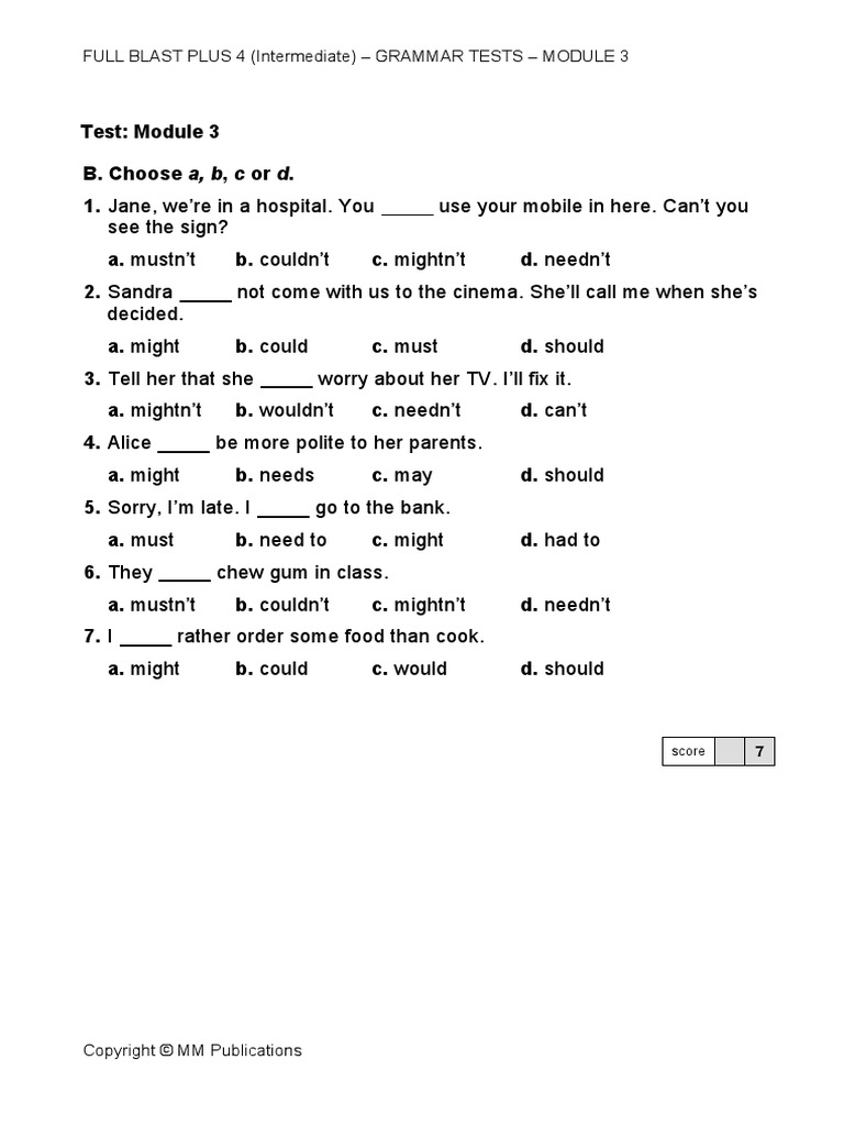 Full Blast PLUS 4 - Grammar Test - Module 3 | PDF