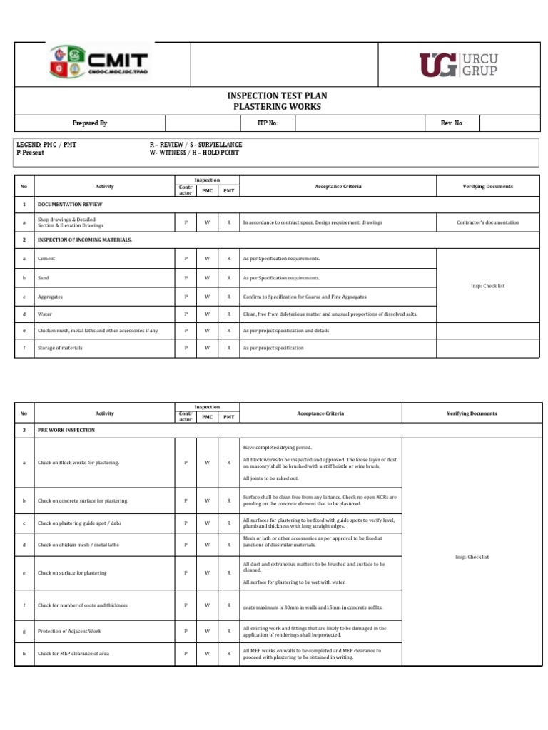 Inspection Test Plan Plastering Works: Prepared by Itp No: Rev: No ...