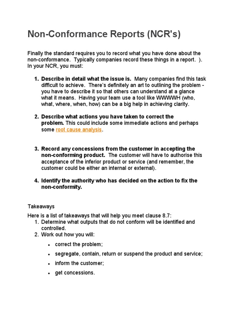 Takeaways Non Conformity Report ISO 9001 | PDF