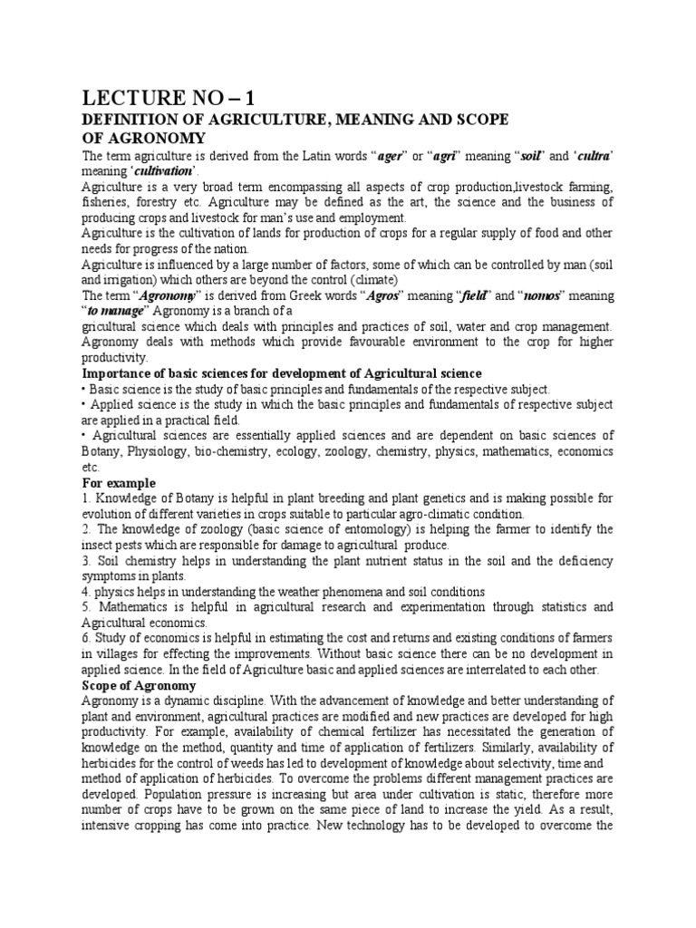 Lecture No - 1: Definition of Agriculture, Meaning and Scope of ...