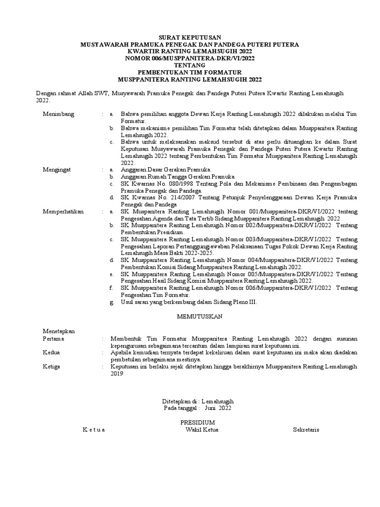 Surat Keputusan Pembentukan Tim Formatur Pdf
