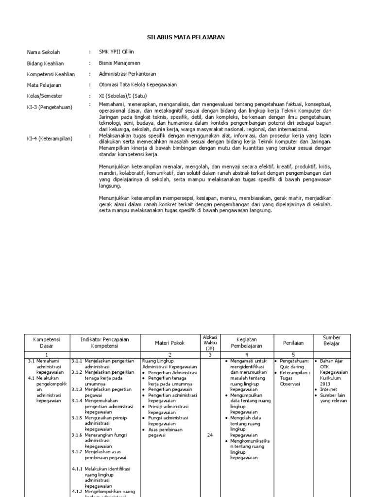 Silabus Kelas XI Semester I - OTK. Kepegawaian | PDF