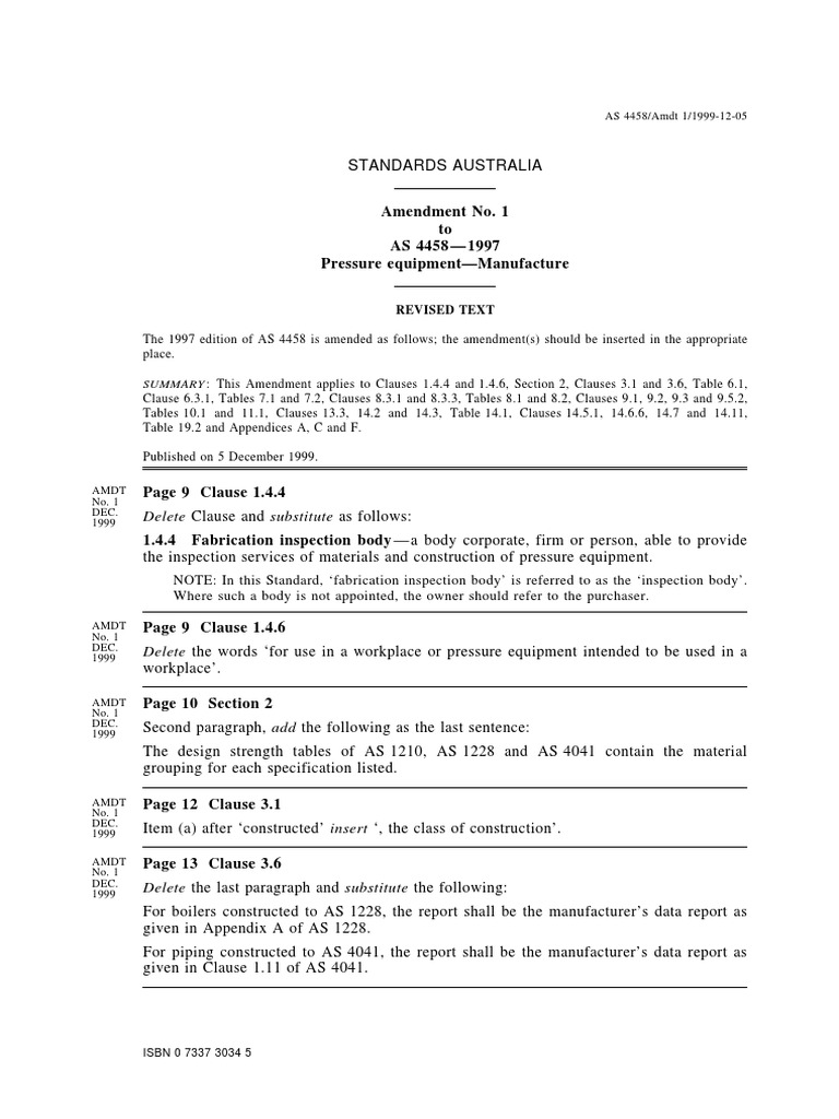 Amendment No. 1 To AS 4458 - 1997 Pressure Equipment-Manufacture | PDF ...