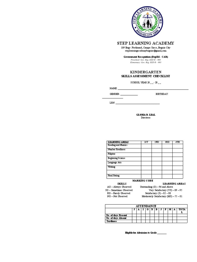 Step Learning Academy Skills Checklist | PDF | Cognition | Cognitive ...