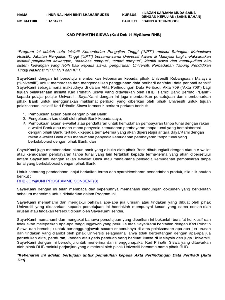 Kad Prihatin Siswa (Kad Debit-I Mysiswa RHB) | PDF