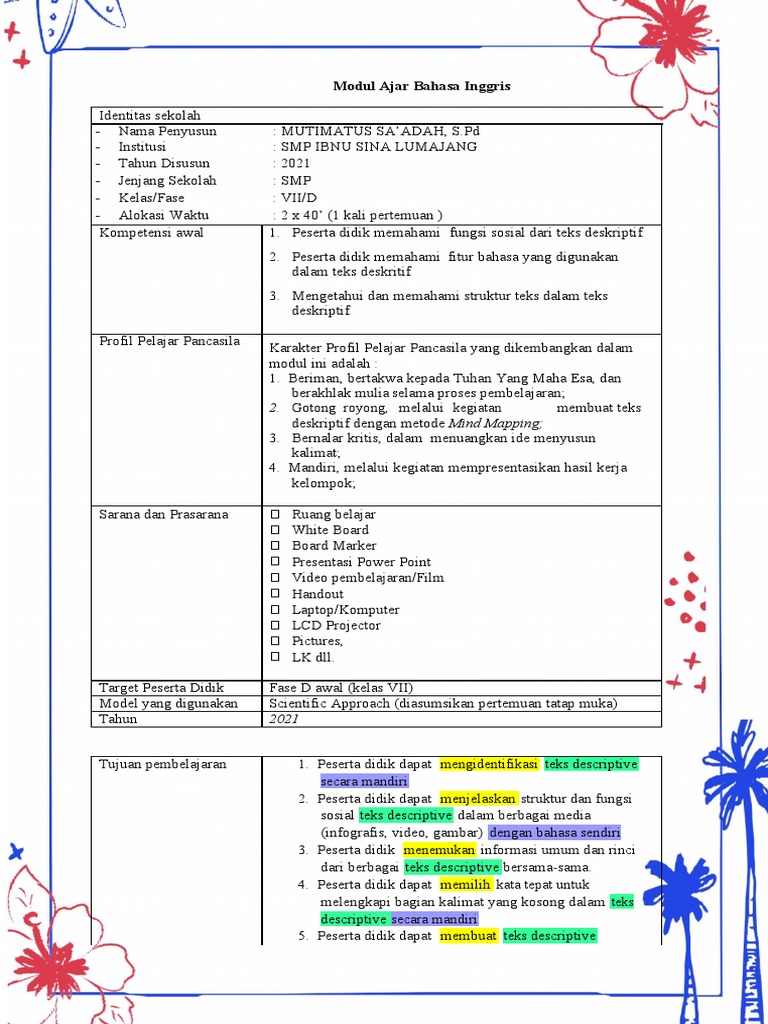 Modul Ajar Bahasa Inggris Describing People Mutimatus Sa'adah | PDF