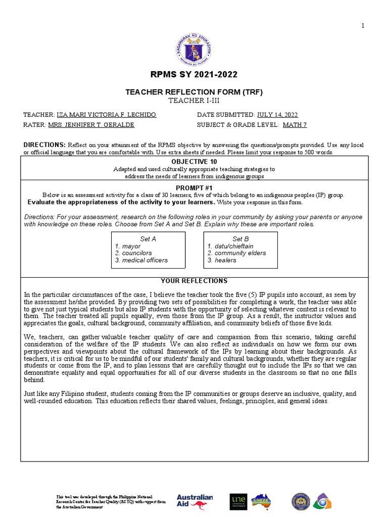 RPMS SY 2021-2022: Teacher Reflection Form (TRF) | PDF | Teachers ...