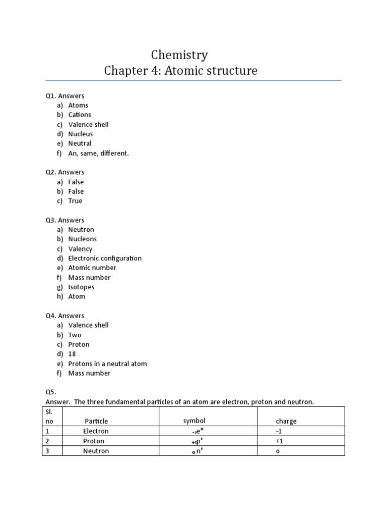 Chemistry Class 8 Chapter 4 Answers. | PDF | Atoms | Proton