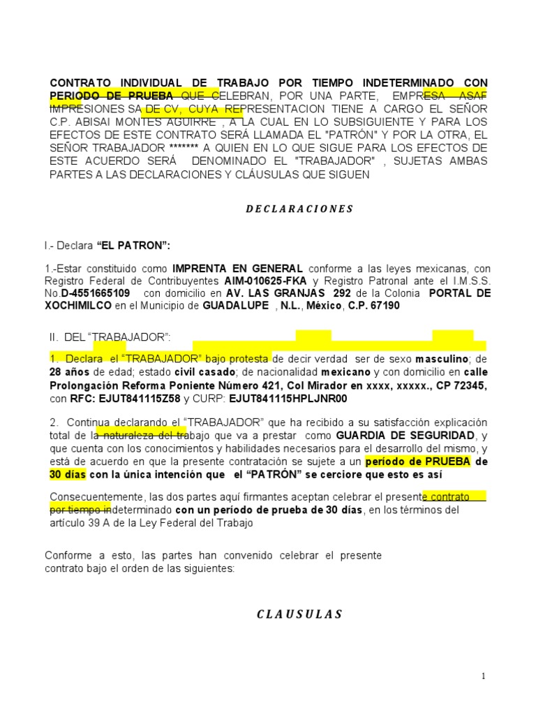 Contrato Por Tiempo Indeterminado Con Periodo de Prueba | PDF | Salario | Seguro
