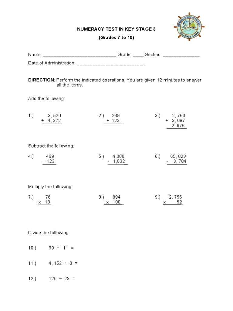 Numeracy Test in Key Stage 3 | PDF