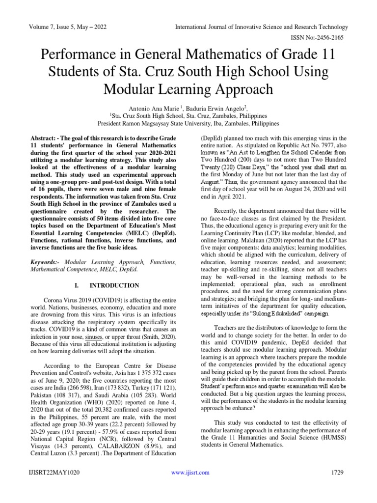 Performance in General Mathematics of Grade 11 Students of Sta. Cruz ...