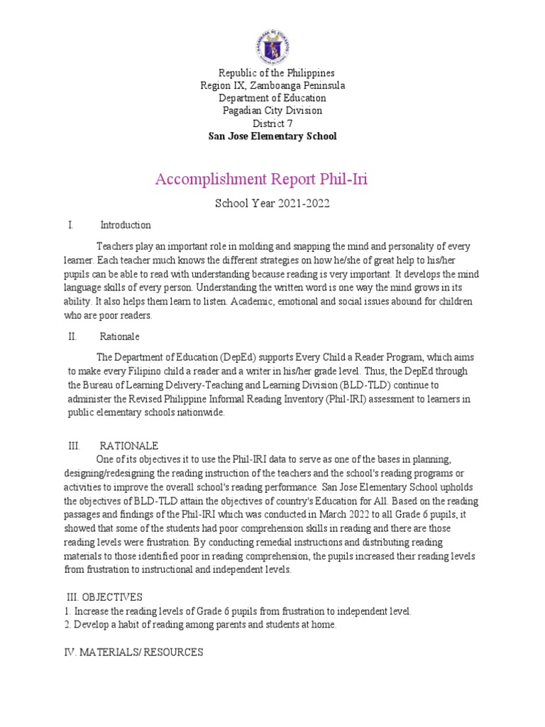 Accomplishment Report Phil-Iri: School Year 2021-2022 | PDF | Reading ...