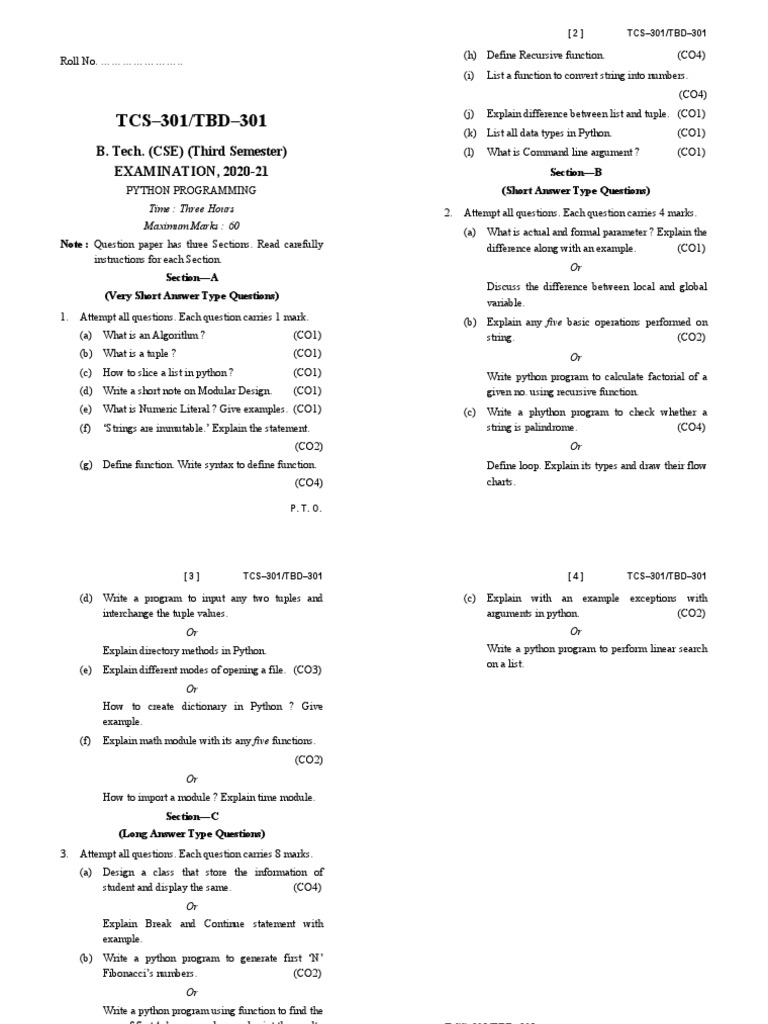 Python Question Paper | PDF | Subroutine | Programming