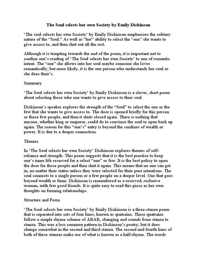 The Soul Selects Her Own Society Analysis | Download Free PDF | Poetry ...