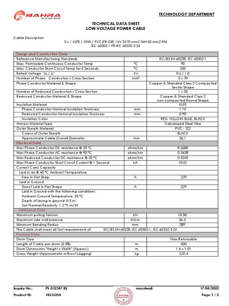 Technology Department Technical Data Sheet Low Voltage Power Cable ...
