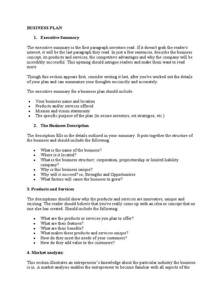 Business Plan 1. Executive Summary | PDF | Market Analysis | Employment