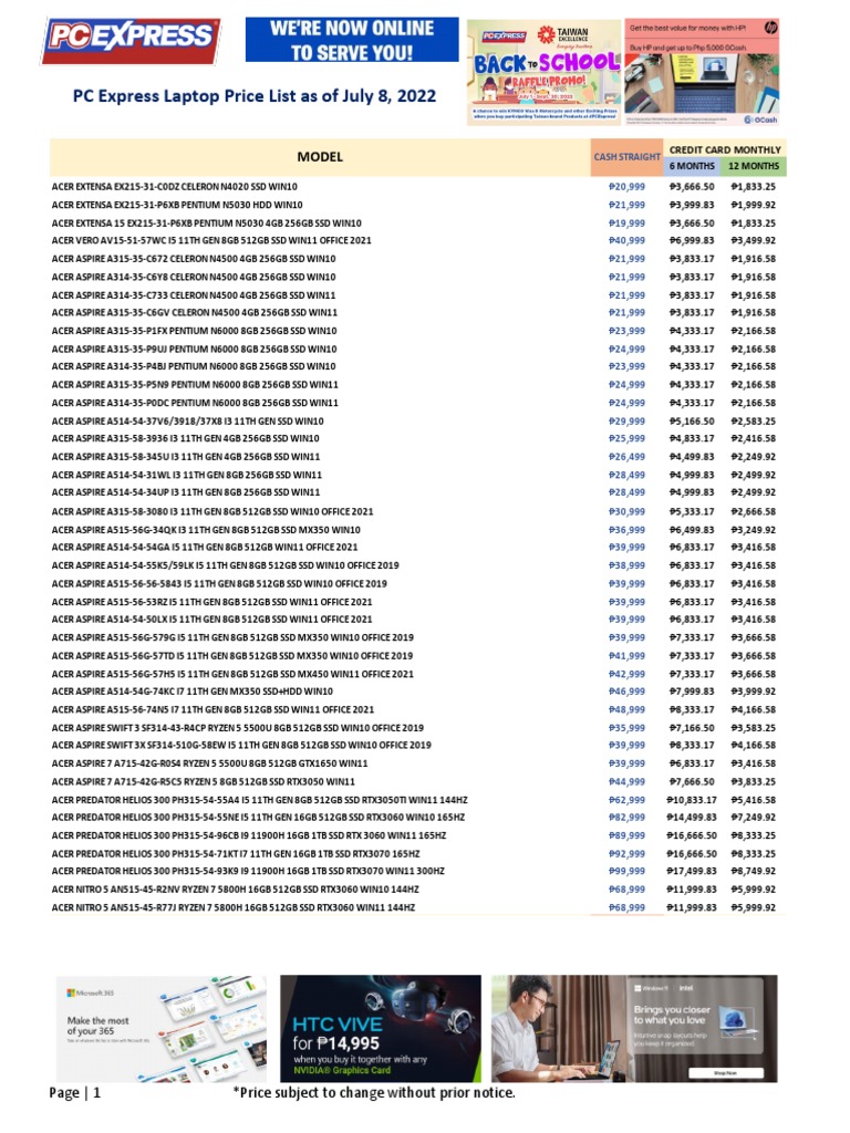 PC Express Laptop Pricelist - July 8 2022 | PDF | Computer Related Introductions | Mobile Computers
