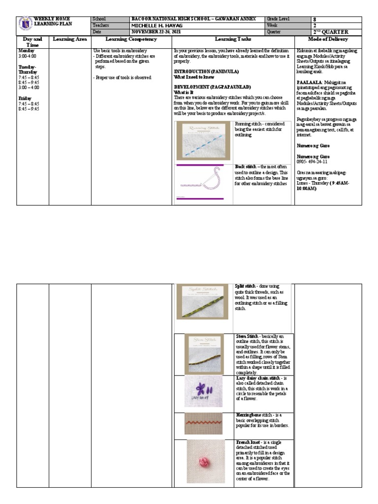 Handicraft Weekly Home Learning Plan 2 | PDF | Embroidery | Needlework