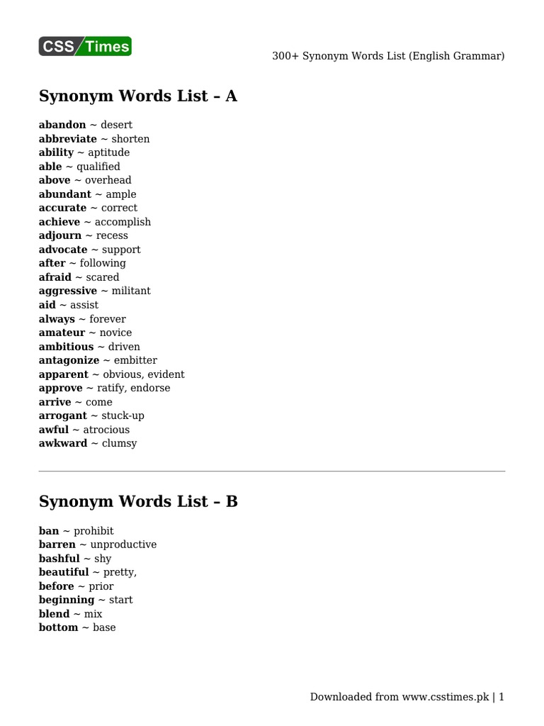 300+ Synonym Words List (English Grammar) | PDF | Language Arts ...