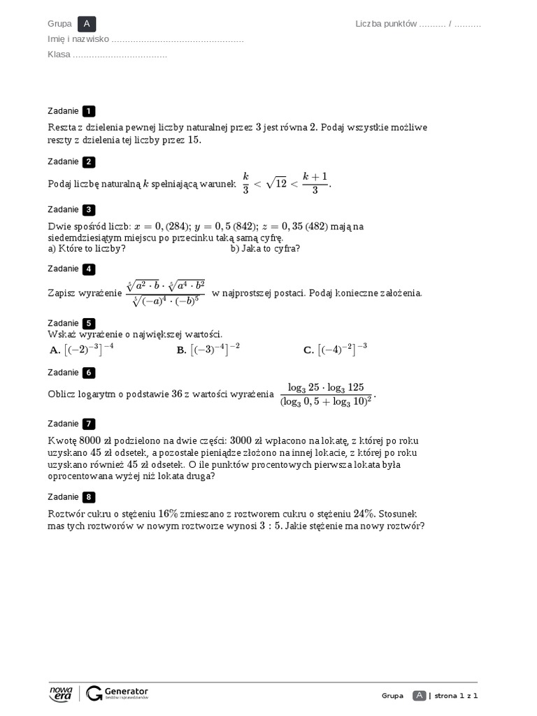 Liczby Rzeczywiste - Klasęwka (Poziom Trudniejszy) - Test - Z - Ukryta ...