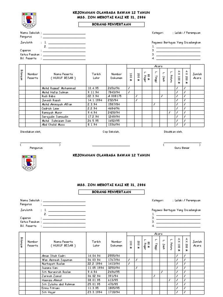 7 - Borang Penyertaan Olahraga | PDF