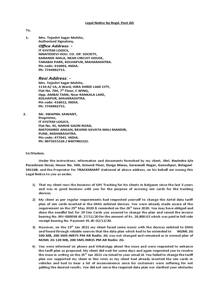 Legal Notice by Regd. Post AD | PDF