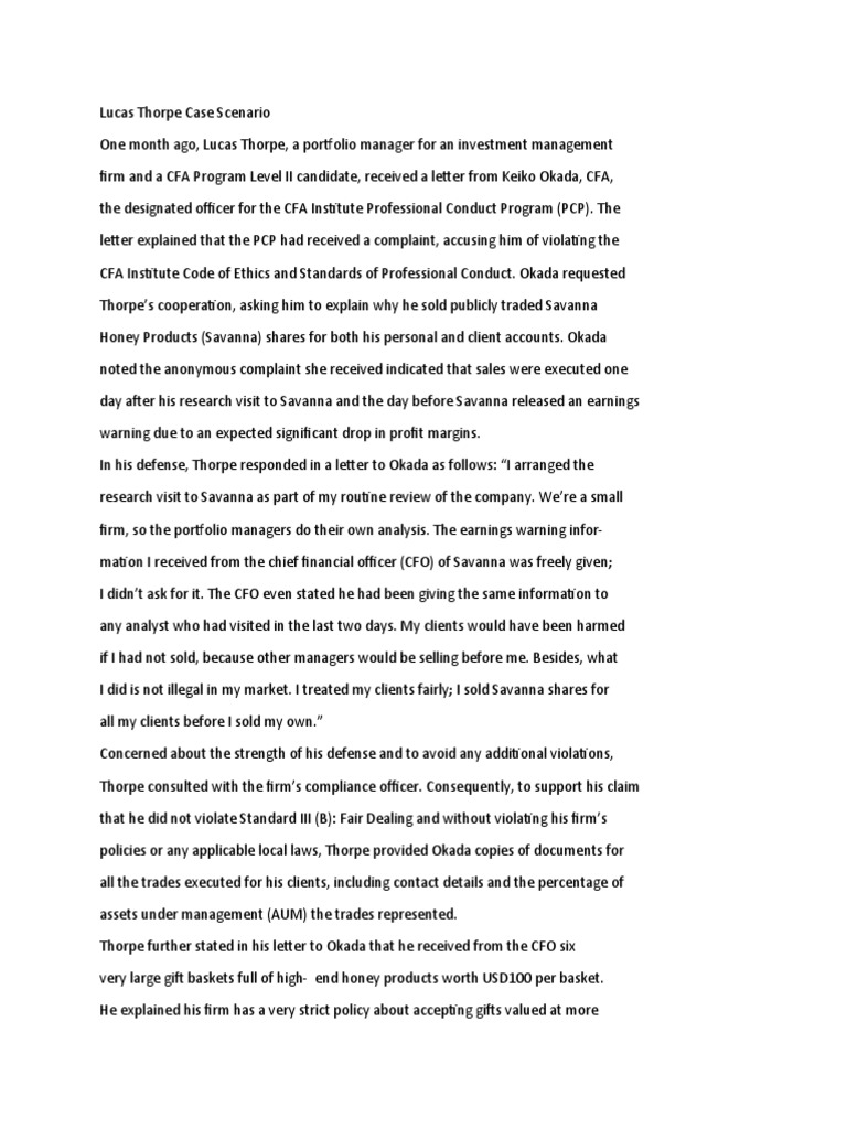 Lucas Thorpe Case Scenario | PDF | Regulatory Compliance | Financial ...