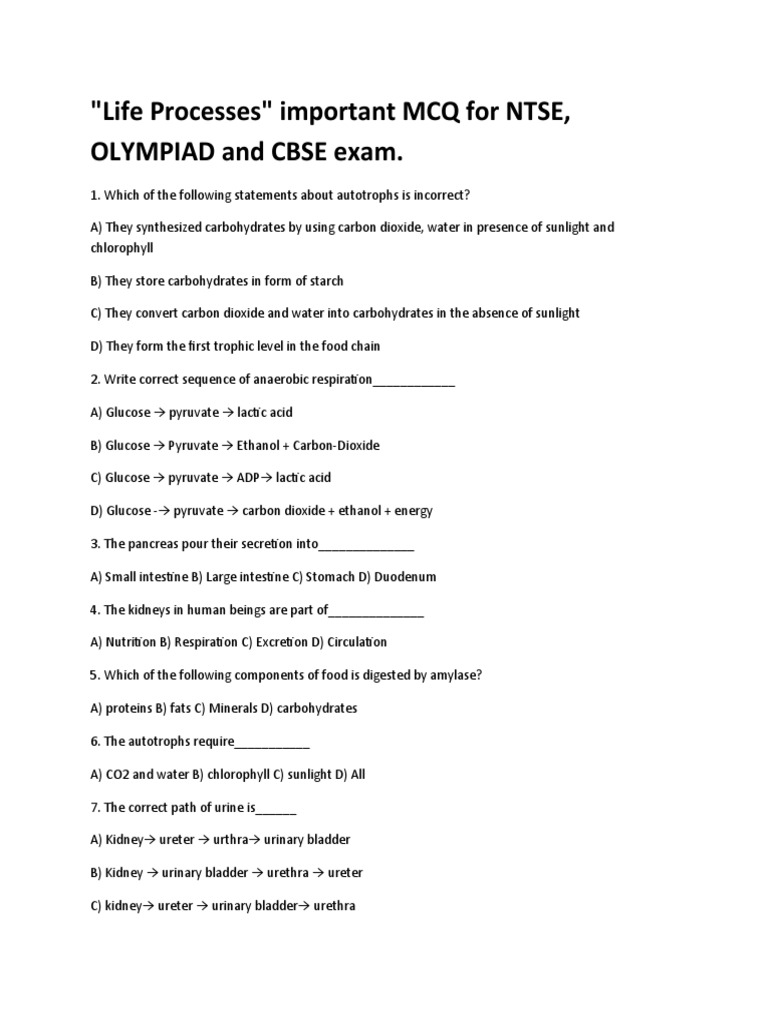 Life Processes MCQ Question | PDF | Digestion | Blood