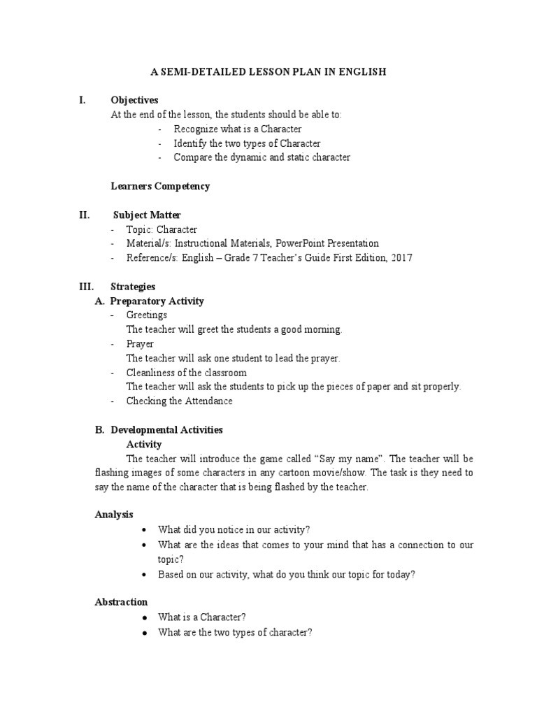 A Semi-Detailed Lesson Plan in English I. Objectives | PDF | Lesson ...