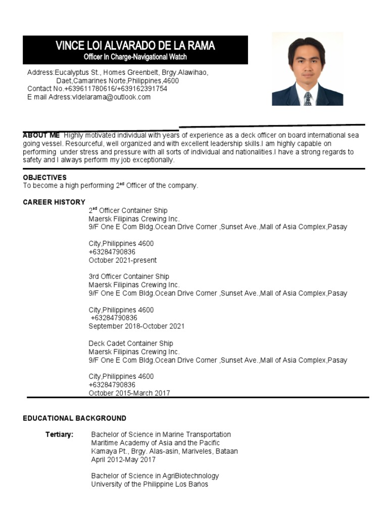 Vince Loi Alvarado de La Rama: Officer in Charge-Navigational Watch ...