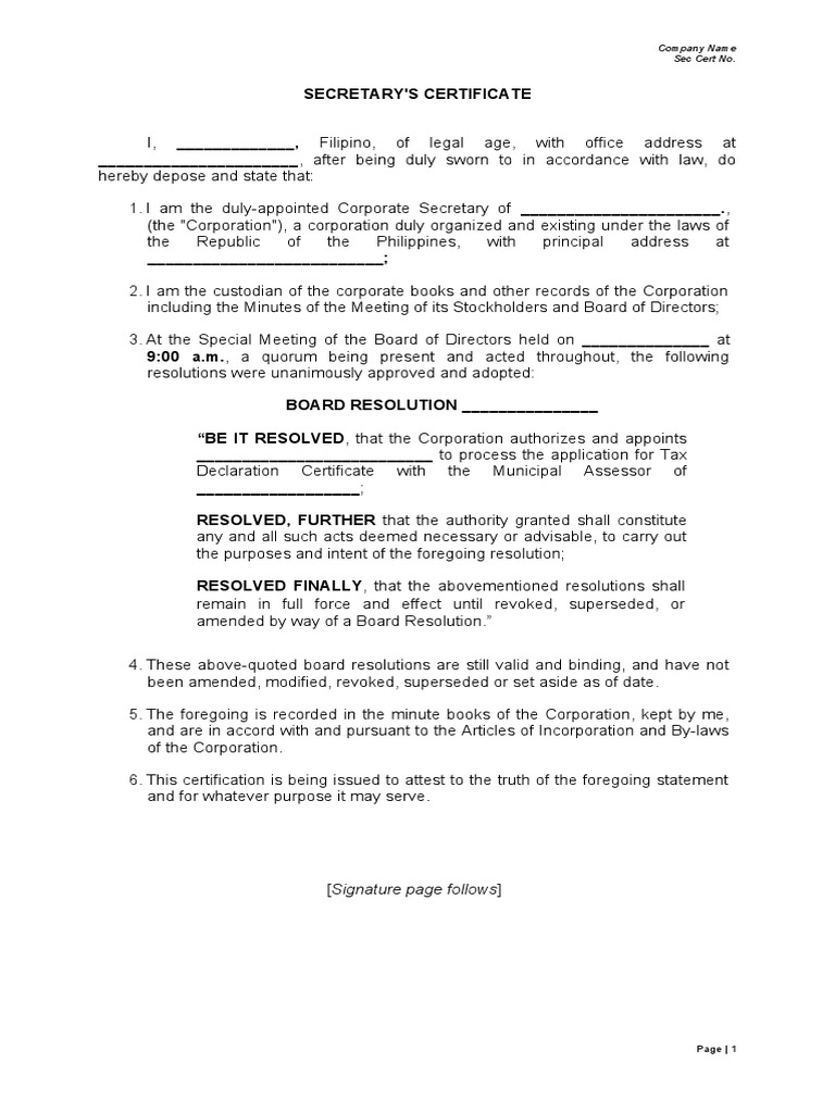 SEC CERT - Request For Tax Declaration (Template) | PDF | Governance ...