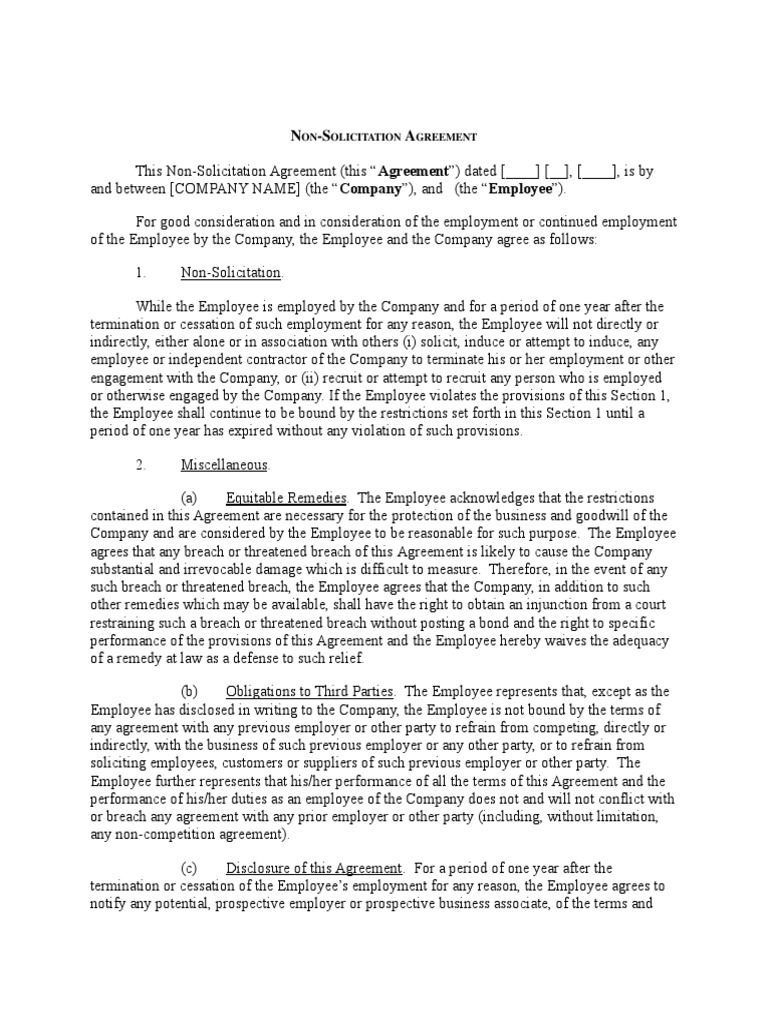 PDF Template Employee Non Solicitation Noncompetition Agreement ...