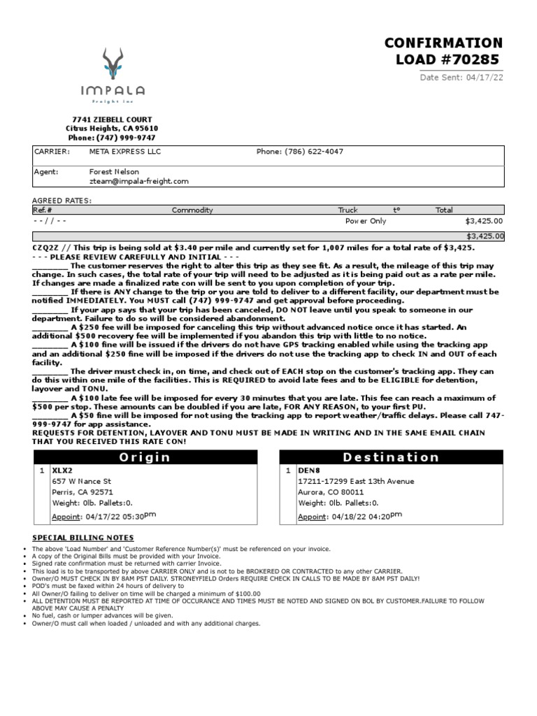 Load Confirmation #70285 | PDF