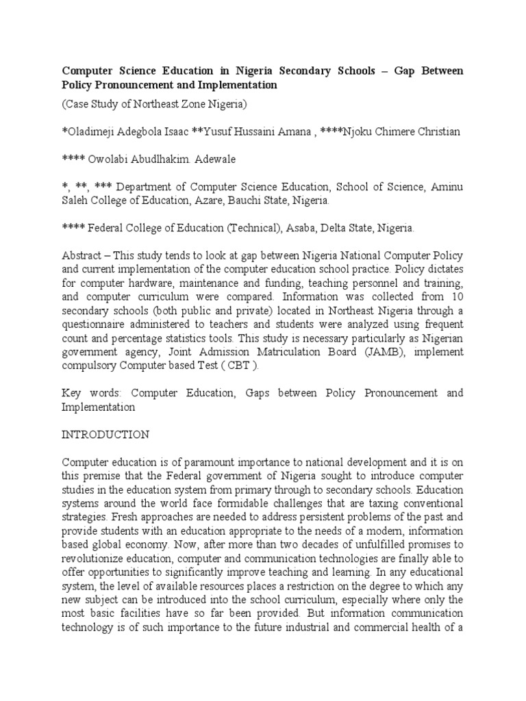 Computer Science Education in Nigeria Secondary Schools | PDF | Schools ...