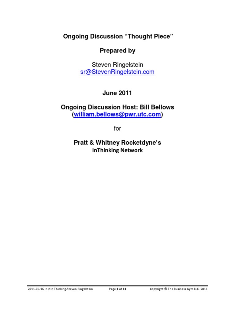 Ongoing Discussion "Thought Piece" Prepared By: Steven Ringelstein ...