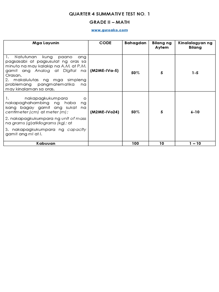 Q4 ST 1 GR.2 Math With Tos | PDF