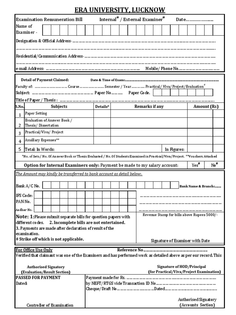 Examination Remuneration Bill Format | PDF | Thesis | Payments