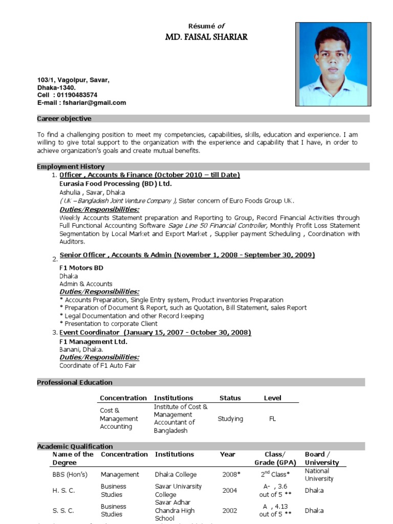 CV of Faisal Shariar | Web Development | Management Accounting