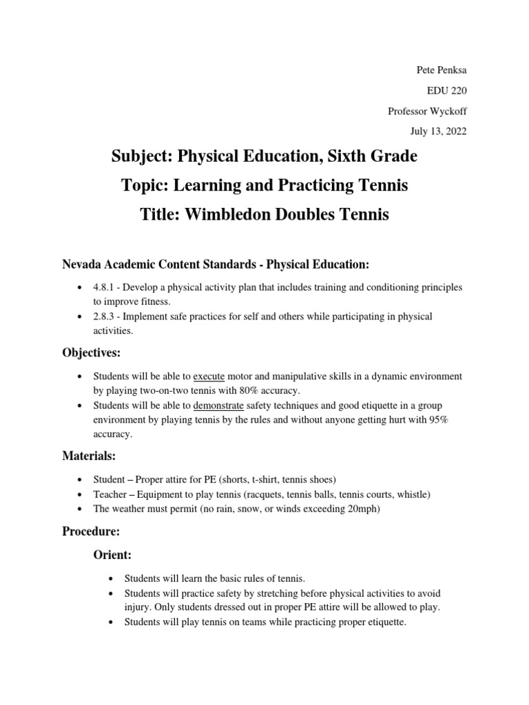 Di Lesson Plan - Middle School Tennis | PDF | Physical Education | Teachers