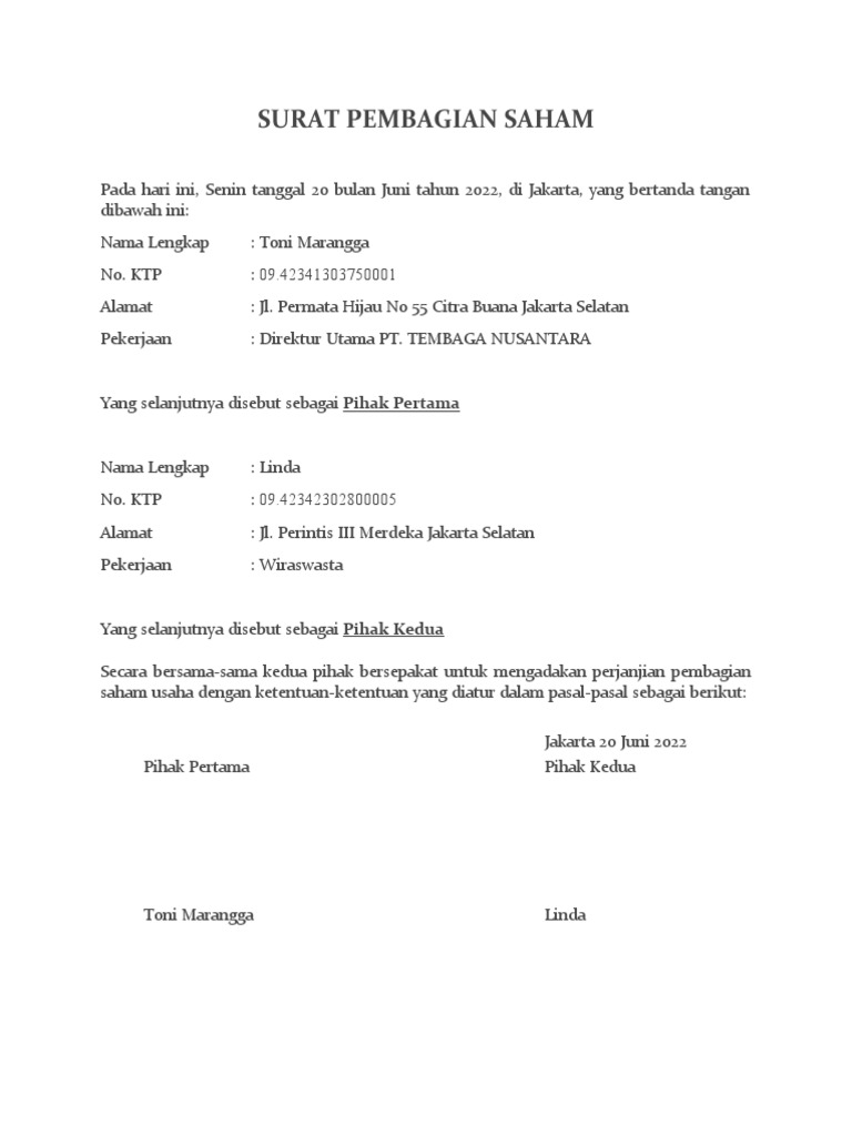 Surat Pembagian Sahams | PDF