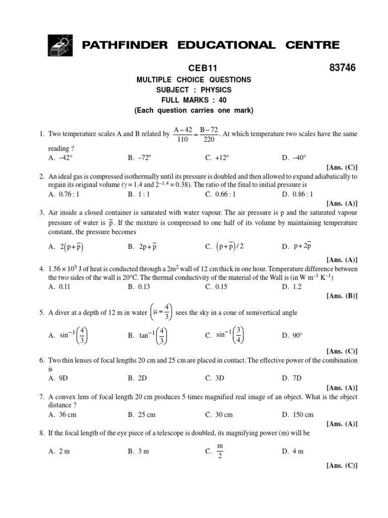 Wbjee 2011 Physics Pathfinder | Lens (Optics) | Classical Mechanics