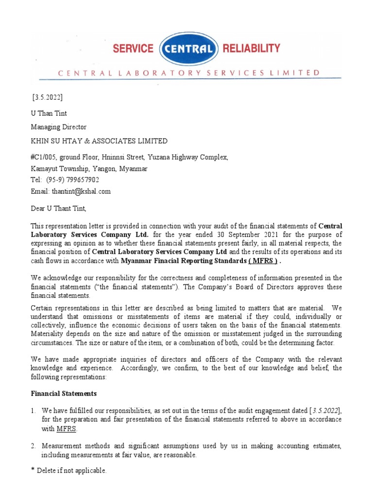 Representing Financial Accuracy: An Audit Representation Letter | PDF ...