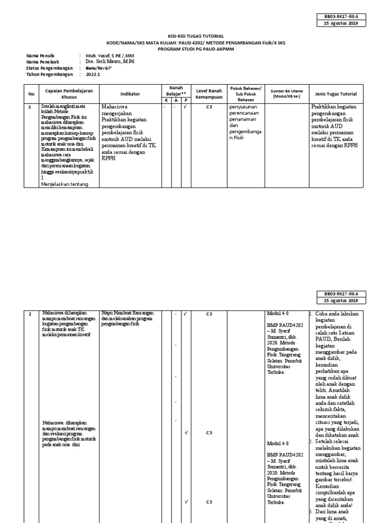 Kisi-Kisi Tugas Tutorial PAUD 4202 | PDF