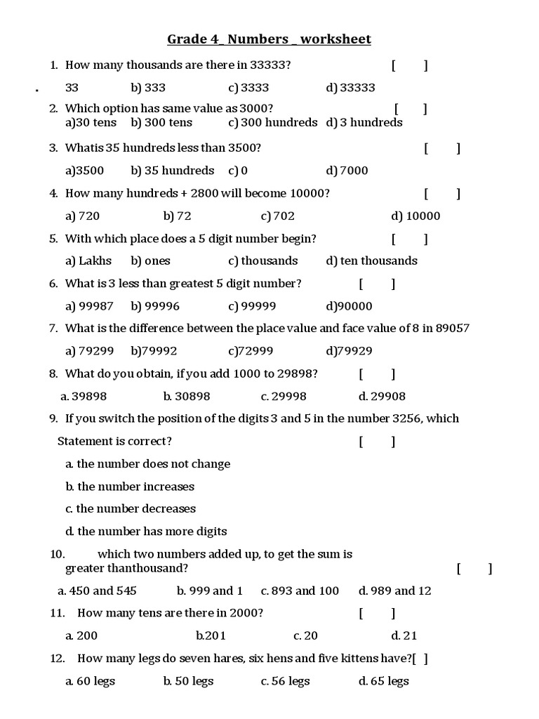Grade 4_numbers_ worksheet | PDF | Numbers | Mathematics