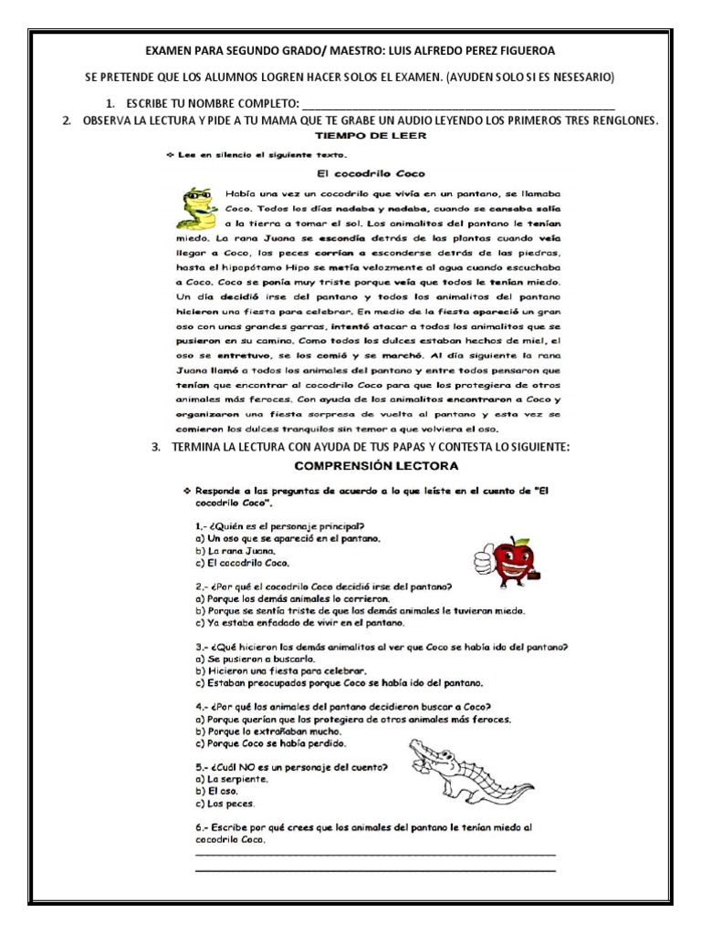 Examen para Segundo Grado | PDF | Artes del Lenguaje y Comunicación